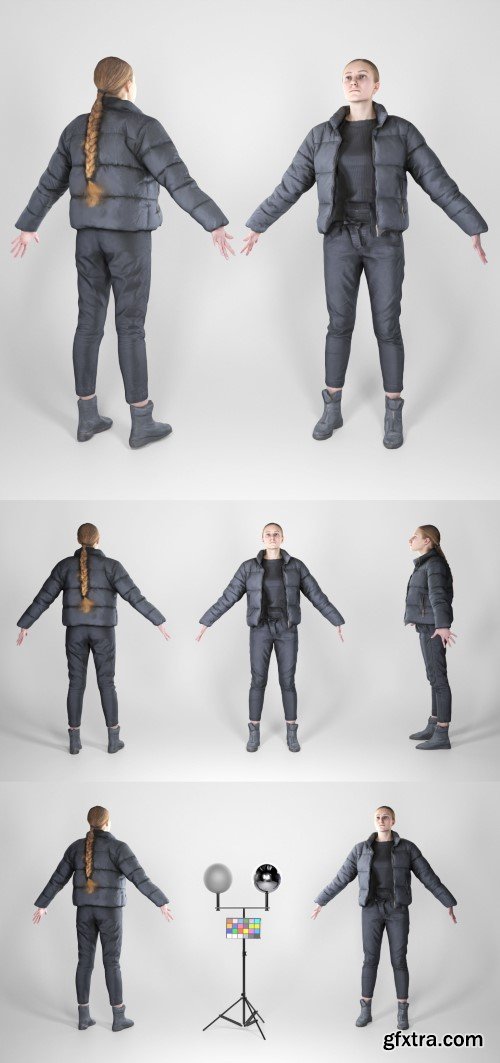 Charming blonde woman in black down jacket in A-pose 166 Low-poly 3D ...